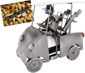 brubaker wine bottle holder 'golfer in golf cart' - table top metal sculpture - with greeting card