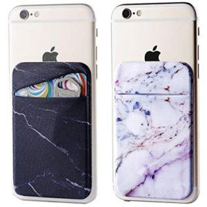 2Pack Marble Adhesive Phone Pocket,Cell Phone Stick On Card Wallet Sleeve,Credit Cards/ID Card Holder(Double Secure) with Sticker for Back of iPhone,Android and All Smartphones-Black&Purple Marble