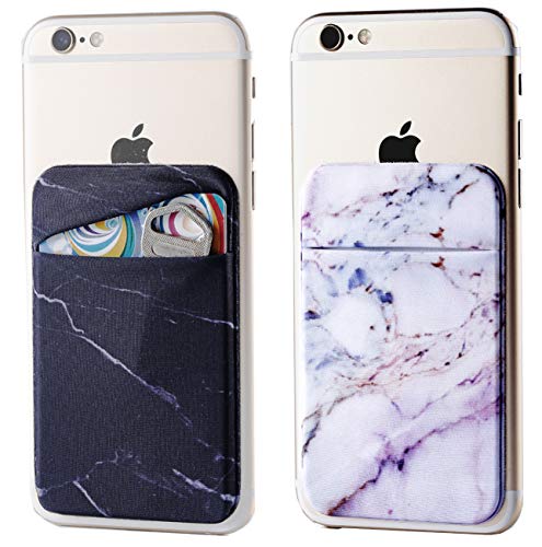 2Pack Marble Adhesive Phone Pocket,Cell Phone Stick On Card Wallet Sleeve,Credit Cards/ID Card Holder(Double Secure) with Sticker for Back of iPhone,Android and All Smartphones-Black&Purple Marble