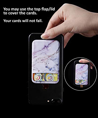 2Pack Marble Adhesive Phone Pocket,Cell Phone Stick On Card Wallet Sleeve,Credit Cards/ID Card Holder(Double Secure) with Sticker for Back of iPhone,Android and All Smartphones-Black&Purple Marble