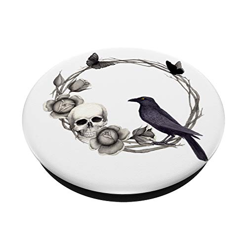 Black Spooky Fall Halloween Bird Crow Wreath Skull PopSockets PopGrip: Swappable Grip for Phones & Tablets