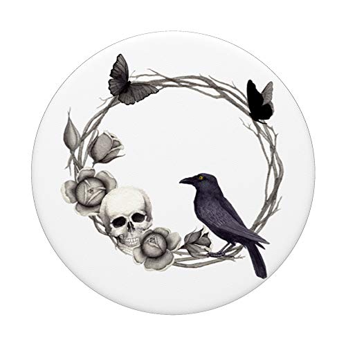 Black Spooky Fall Halloween Bird Crow Wreath Skull PopSockets PopGrip: Swappable Grip for Phones & Tablets