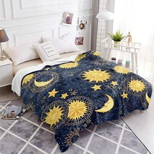 Flannel Fleece Throw Blankets, Boho Chic Golden Sun Moon and Stars Blue Black Sky Antique Style Decorative Blankets, Lightweight Super Soft Luxury Cozy Blanket for Stadium Couch Bed Sofa Chair