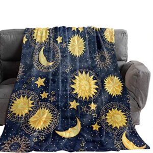 Flannel Fleece Throw Blankets, Boho Chic Golden Sun Moon and Stars Blue Black Sky Antique Style Decorative Blankets, Lightweight Super Soft Luxury Cozy Blanket for Stadium Couch Bed Sofa Chair