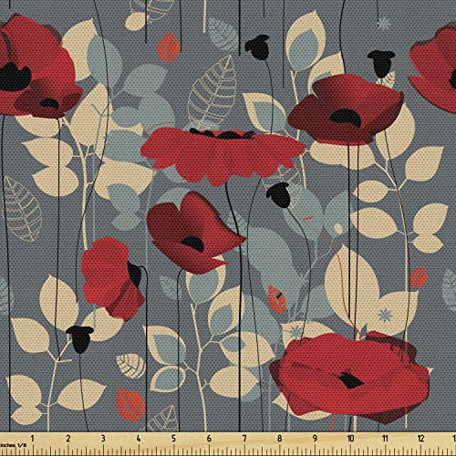 Ambesonne Poppy Flower Water Resistant Fabric by The Yard Abstraction of a Growing Floral Garden Leaves Botanical Modern Nature Decorative Fabric for DIY Upholstery and Home Accents 1 Yard Beige Grey