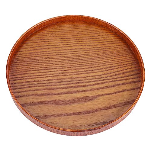 Round Natural Wood Serving Tray Wooden Plate Platter Tea Food Dishes Water Drink for Countertop Kitchen Coffee Table Breakfast (27cm)