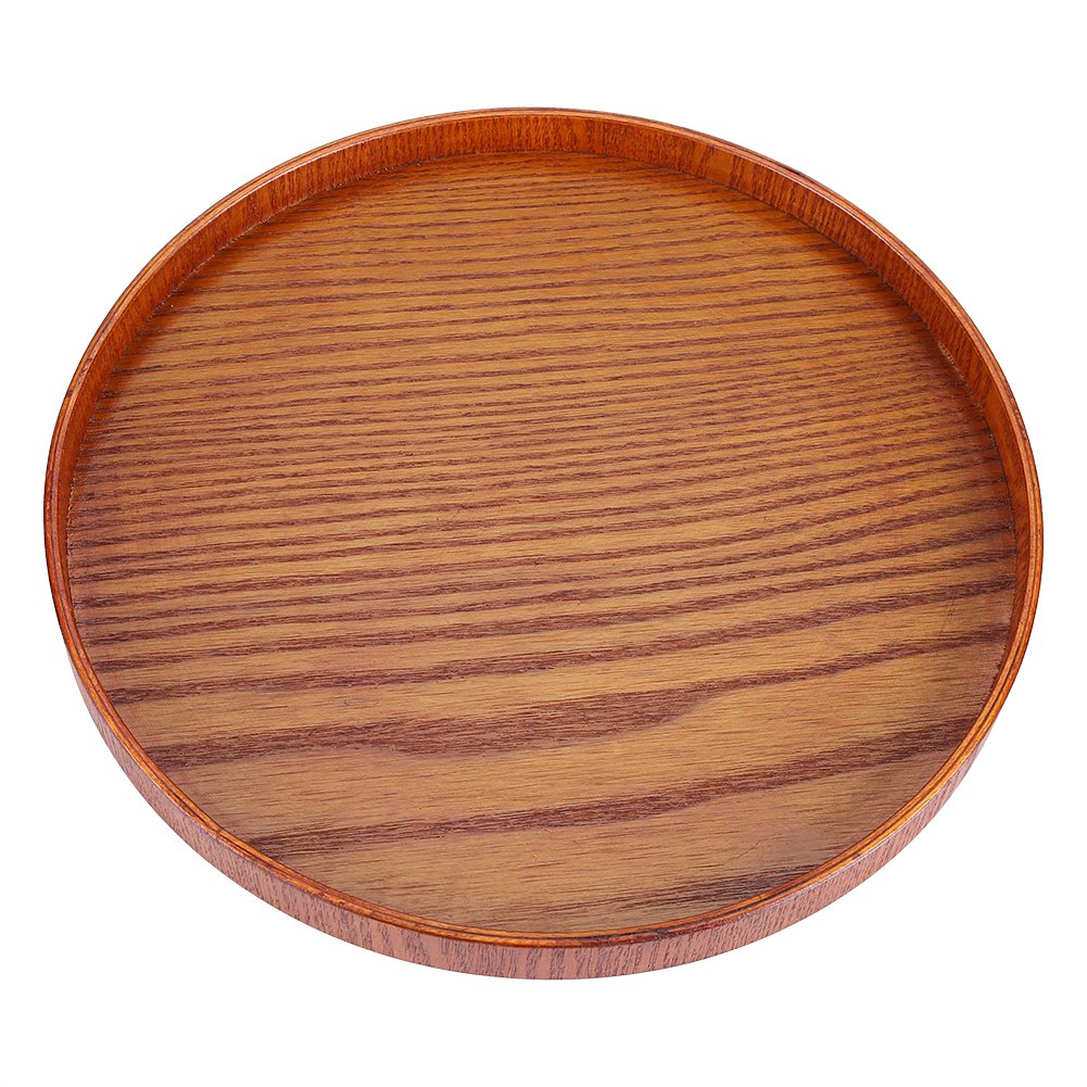 Round Natural Wood Serving Tray Wooden Plate Platter Tea Food Dishes Water Drink for Countertop Kitchen Coffee Table Breakfast (24cm)