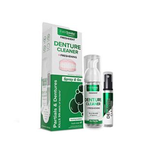 freshdent partial & denture cleaner, teeth whitening spray, fast-acting alternative to denture cleaner tablets, denture spray kills bacteria and freshens breath - mint flavored