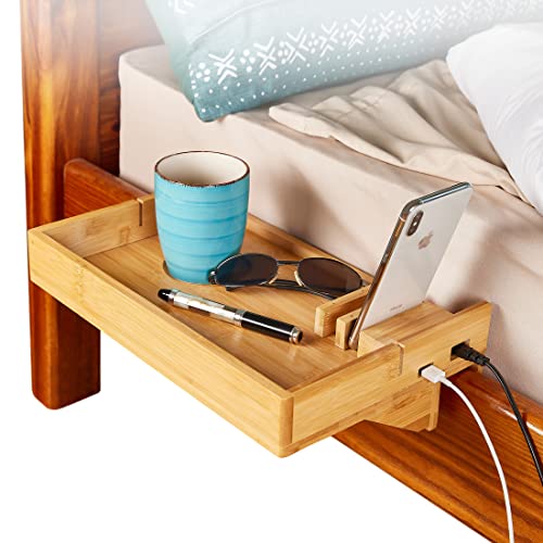 House Ur Home Bamboo Bedside Shelf for Bed, Dorm Bed Shelf fits a Laptop, Books, and Drink, Removeable Bedside Tray with USB Ports to Charge Devices, Versatile bunk Bed Shelf for Small Spaces & loft