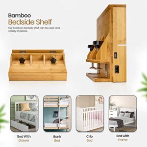 House Ur Home Bamboo Bedside Shelf for Bed, Dorm Bed Shelf fits a Laptop, Books, and Drink, Removeable Bedside Tray with USB Ports to Charge Devices, Versatile bunk Bed Shelf for Small Spaces & loft