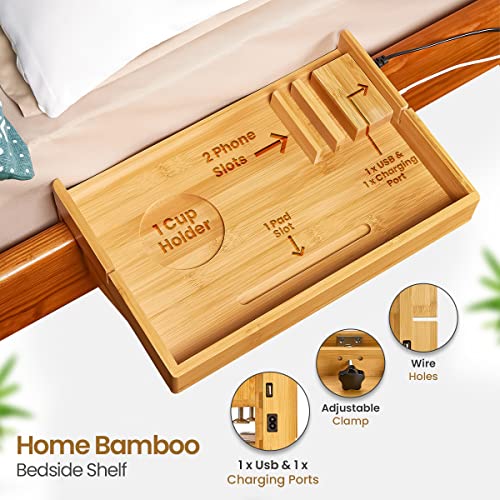 House Ur Home Bamboo Bedside Shelf for Bed, Dorm Bed Shelf fits a Laptop, Books, and Drink, Removeable Bedside Tray with USB Ports to Charge Devices, Versatile bunk Bed Shelf for Small Spaces & loft