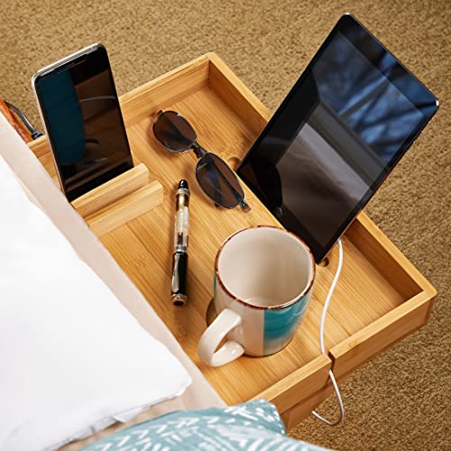 House Ur Home Bamboo Bedside Shelf for Bed, Dorm Bed Shelf fits a Laptop, Books, and Drink, Removeable Bedside Tray with USB Ports to Charge Devices, Versatile bunk Bed Shelf for Small Spaces & loft