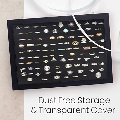 Ring Organizer Box with Transparent Lid ~ Ring Holder Showcase for Store Display, Jewelry Show & Home ~ Jewelry Tray Organizer for Rings, Studs & Earrings (Black)