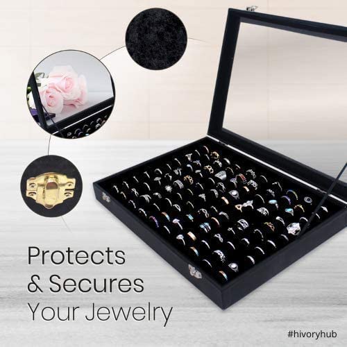 Ring Organizer Box with Transparent Lid ~ Ring Holder Showcase for Store Display, Jewelry Show & Home ~ Jewelry Tray Organizer for Rings, Studs & Earrings (Black)