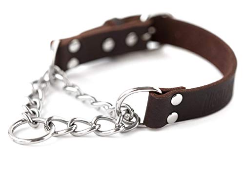 Mighty Paw Leather Martingale Dog Collar | Premium No Pull Dog Collar Martingale Collar for Dogs, Stainless Steel Chain, Limited Chain Cinch Training Collar. for Large, Medium and Small Dogs (Brown)