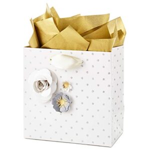 Hallmark Signature 5" Small Gift Bag with Tissue Paper (Paper Flowers; Grey, White, Gold) for Weddings, Mother's Day, Birthdays, Bridal Showers, Engagements, Anniversaries and More