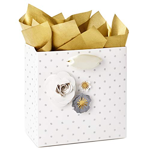 Hallmark Signature 5" Small Gift Bag with Tissue Paper (Paper Flowers; Grey, White, Gold) for Weddings, Mother's Day, Birthdays, Bridal Showers, Engagements, Anniversaries and More