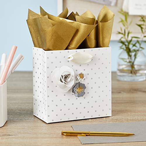 Hallmark Signature 5" Small Gift Bag with Tissue Paper (Paper Flowers; Grey, White, Gold) for Weddings, Mother's Day, Birthdays, Bridal Showers, Engagements, Anniversaries and More