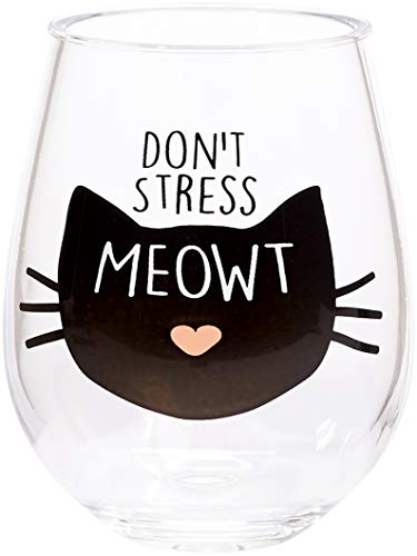 X&O Paper Goods Black Cat 'Don't Stress Meowt' Plastic Stemless Wine Glass, 12 oz., 3.5'' W x 4.5'' H