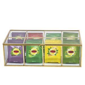 ncyp 12" glass tea bags box organizer, sugar packets storage container, decor 8 grids compartments divided handmade brass metal frame jewelry counter top display case large, glass box only