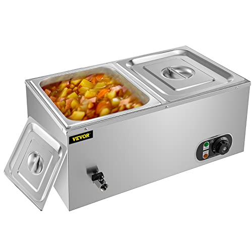 VEVOR 110V 2 Commercial Food Warmer 850W Electric Steam Table 15cm/6inch Deep Stainless Steel Bain Marie 11Quart/Pan for Buffet Catering, Silver