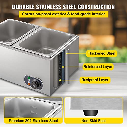 VEVOR 110V 2 Commercial Food Warmer 850W Electric Steam Table 15cm/6inch Deep Stainless Steel Bain Marie 11Quart/Pan for Buffet Catering, Silver