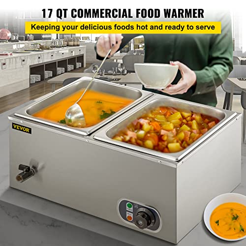 VEVOR 110V 2 Commercial Food Warmer 850W Electric Steam Table 15cm/6inch Deep Stainless Steel Bain Marie 11Quart/Pan for Buffet Catering, Silver