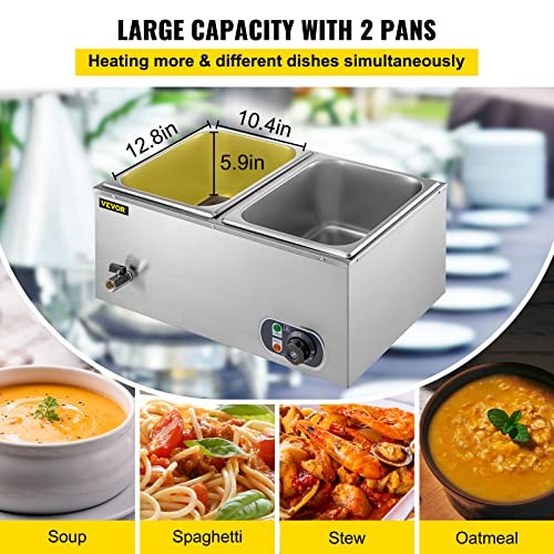 VEVOR 110V 2 Commercial Food Warmer 850W Electric Steam Table 15cm/6inch Deep Stainless Steel Bain Marie 11Quart/Pan for Buffet Catering, Silver