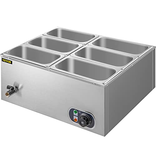 VEVOR 110V 6-Pan Commercial Food Warmer 850W Electric Countertop Steam Table 15cm/6inch Deep Stainless Steel Bain Marie Buffet Large Capacity 6x7 Quart, Silver