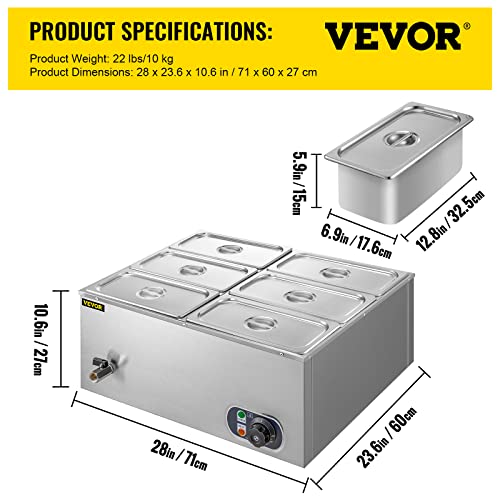 VEVOR 110V 6-Pan Commercial Food Warmer 850W Electric Countertop Steam Table 15cm/6inch Deep Stainless Steel Bain Marie Buffet Large Capacity 6x7 Quart, Silver