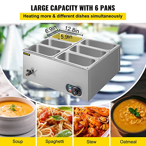 VEVOR 110V 6-Pan Commercial Food Warmer 850W Electric Countertop Steam Table 15cm/6inch Deep Stainless Steel Bain Marie Buffet Large Capacity 6x7 Quart, Silver