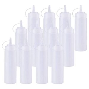 bekith 8 oz plastic squeeze condiment bottle, 12 pack multipurpose squirt bottles with twist on cap lids and discrete measurements for sauce, ketchup, bbq, dressing, paint, workshop, pancake art dispenser