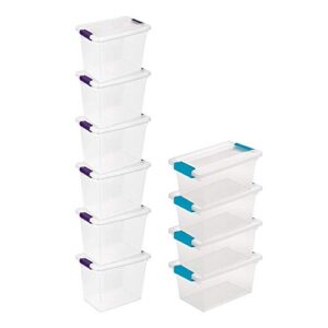 sterilite 27 quart clear latch lid stackable storage box tote, 6 pack, and medium clear latch lid file clip box, 4 pack for household organization