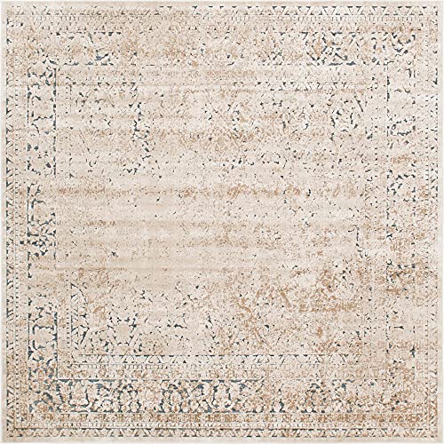 Unique Loom Chateau Collection Distressed, Textured, Vintage, Border, Rustic, Traditional Area Rug, 7 ft, Beige/Light Brown