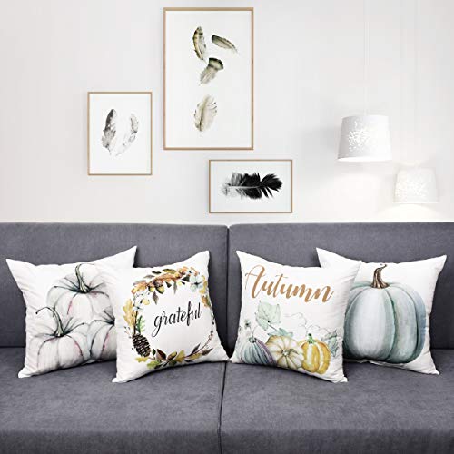 Yastouay Autumn Throw Pillow Cover Decorations Pumpkin Cushion Couch Cover Pillow Cases Set of 4 for Autumn Thanksgiving Day (Blue-Gray,18 X 18 Inch)