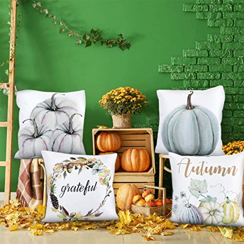 Yastouay Autumn Throw Pillow Cover Decorations Pumpkin Cushion Couch Cover Pillow Cases Set of 4 for Autumn Thanksgiving Day (Blue-Gray,18 X 18 Inch)