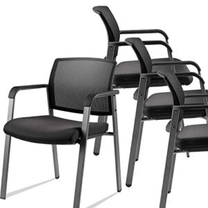 clatina mesh back stacking arm chairs with upholstered fabric seat and ergonomic lumber support for office school church guest reception black 4 pack set new version