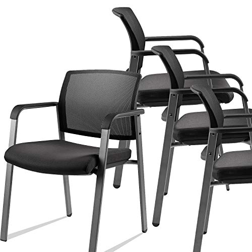 CLATINA Mesh Back Stacking Arm Chairs with Upholstered Fabric Seat and Ergonomic Lumber Support for Office School Church Guest Reception Black 4 Pack Set New Version