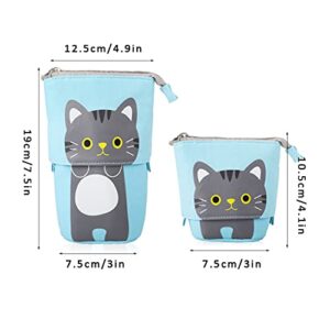 Rolin Roly Blue Telescopic Pencil Pouch Standing Pencil Case Cute Cat Stationery Bags Stand Up Pen Box Canvas Cartoon Pencil Holder with Zipper Transformer Pen Case