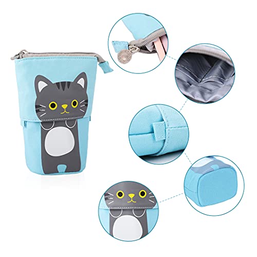 Rolin Roly Blue Telescopic Pencil Pouch Standing Pencil Case Cute Cat Stationery Bags Stand Up Pen Box Canvas Cartoon Pencil Holder with Zipper Transformer Pen Case