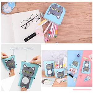 Rolin Roly Blue Telescopic Pencil Pouch Standing Pencil Case Cute Cat Stationery Bags Stand Up Pen Box Canvas Cartoon Pencil Holder with Zipper Transformer Pen Case