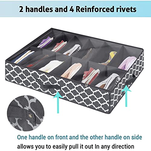 Shoe Organizer Under Bed, Shoes Storage Containers Box (Fit 12 Pairs) with Sturdy and Breathable Materials for Sneakers,Clothes, Toys, Great Space Saver for Your Closet, Gray with Lantern Pattern