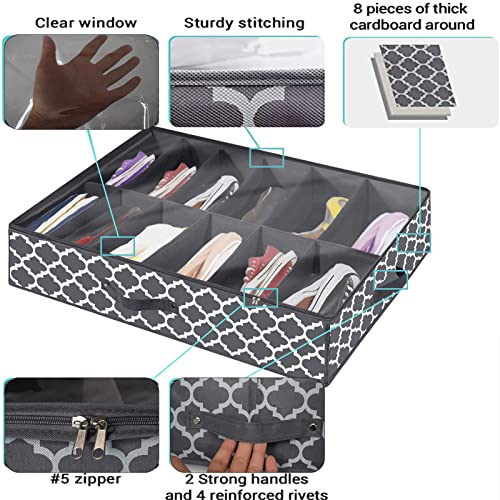 Shoe Organizer Under Bed, Shoes Storage Containers Box (Fit 12 Pairs) with Sturdy and Breathable Materials for Sneakers,Clothes, Toys, Great Space Saver for Your Closet, Gray with Lantern Pattern