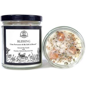 blessing affirmation candle | 9 oz natural soy with sunstone crystals, herbs & essential oils | prosperity, peace, good fortune rituals | wiccan, pagan magick spirituality