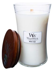 wood.wick ww white teak, highly scented candle, classic hourglass jar, large 7 inches, 21.5 oz