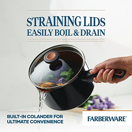 Farberware Glide Nonstick Sauce Pan/Saucepan with Straining and Lid, 3 Quart, Black