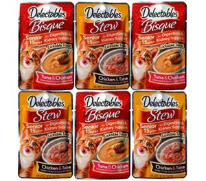 delectables stew senior 15+ chicken & tuna lickable cat treat bisque senior 15 years+ lickable wet cat treats. two flavors, 3 pouches of each flavor. variety pack 6 count total