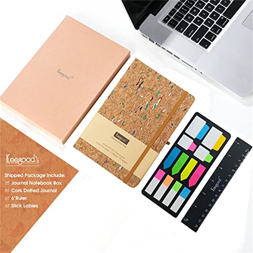 Keegood 1 Pack Dotted Journal Notebook,Bullet Journals,192 Pages A5 8.5 x 5.8inches,100gsm Thick Paper, Hardcover Writing Notebooks with Pocket,Pen Loop Holder,Cork Journal for Student Gifts,Birthday Gifts