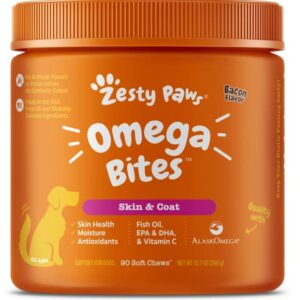 Zesty Paws Omega 3 Alaskan Fish Oil Chew Treats for Dogs - with AlaskOmega for EPA & DHA Fatty Acids - Hip & Joint Support + Skin & Coat Bacon Flavor – 90 Count