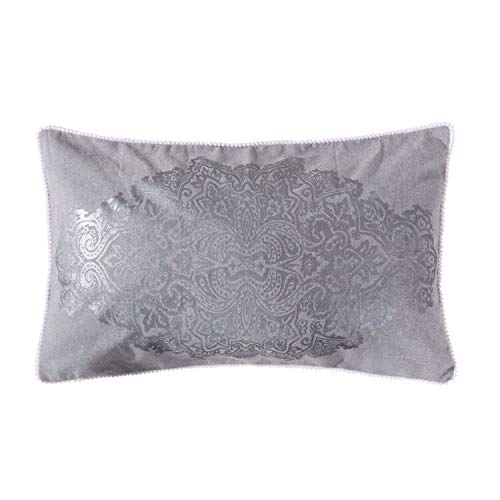 Levtex Home Assam Silver Foil Grey Pillow, Damask, Cotton, Silver